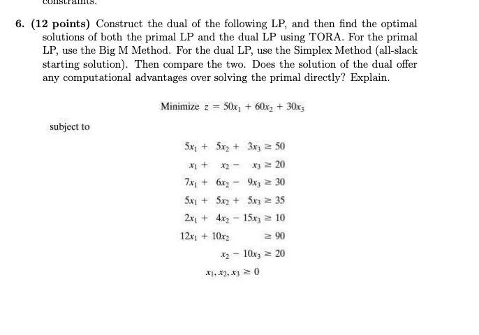 Solved 12 Points Construct The Dual Of The Following Lp