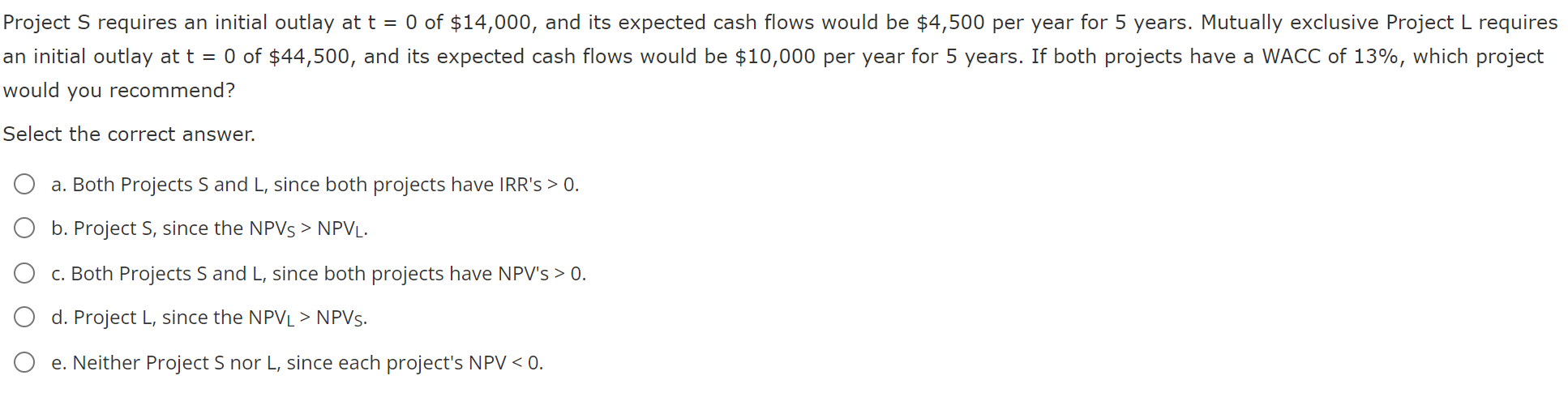 Solved Project S requires an initial outlay at t=0 of | Chegg.com