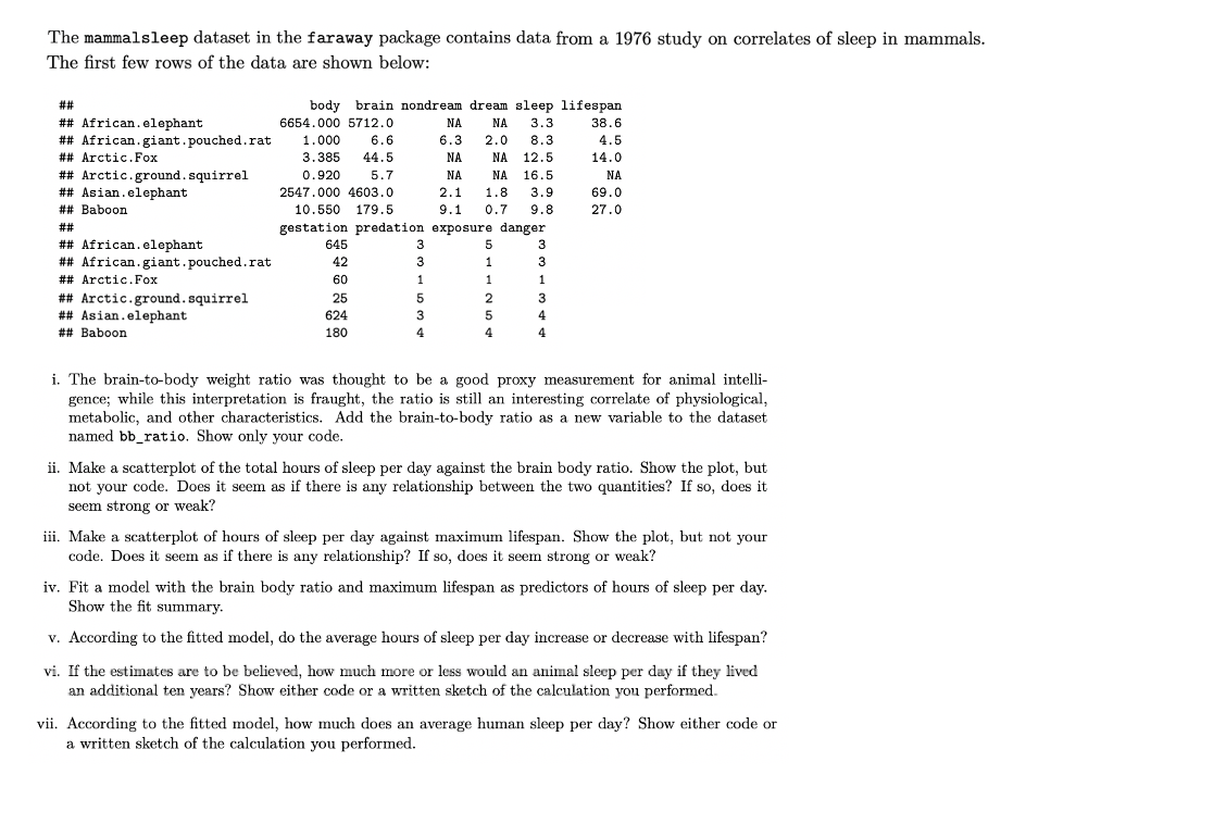 Solved The mammalsleep dataset in the faraway package | Chegg.com