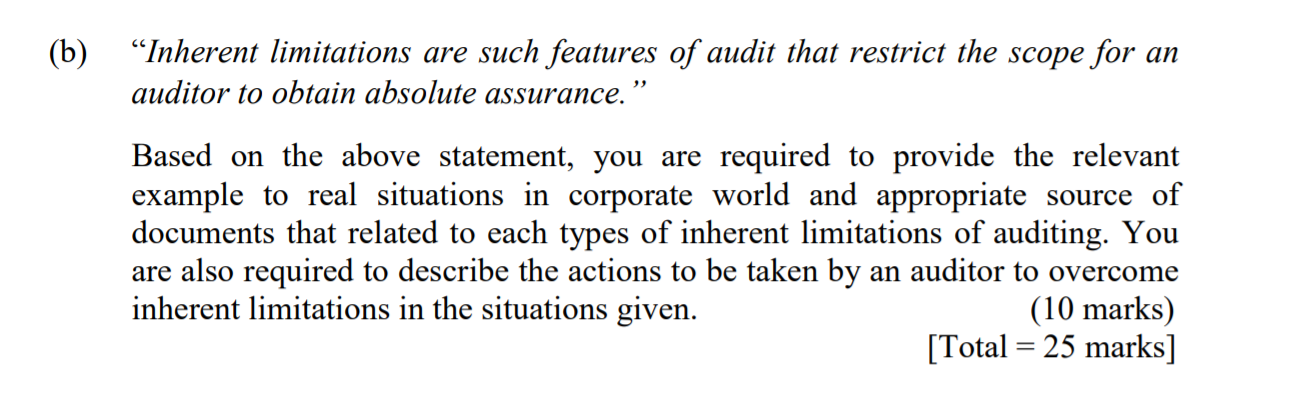 Solved (b) “Inherent limitations are such features of audit | Chegg.com