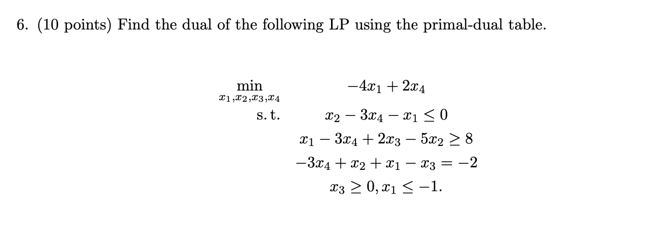 Solved 6. (10 points) Find the dual of the following LP | Chegg.com