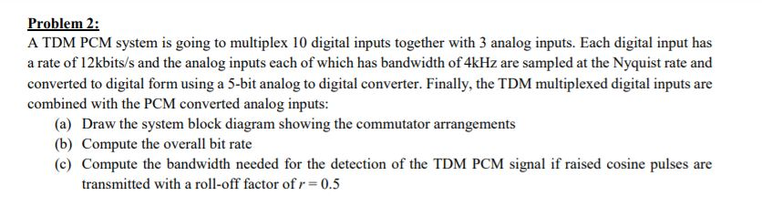 Solved Problem 2: A TDM PCM system is going to multiplex 10 | Chegg.com