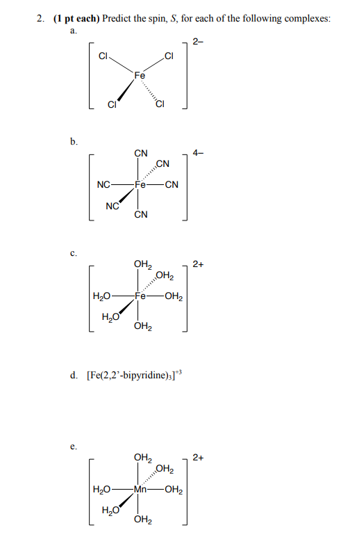 Solved 2. (1 pt each) Predict the spin, S, for each of the | Chegg.com