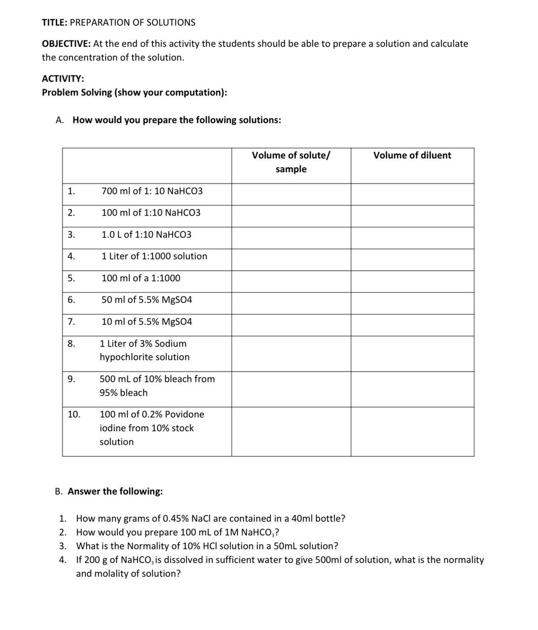 Solved TITLE: PREPARATION OF SOLUTIONS OBJECTIVE: At the end | Chegg.com