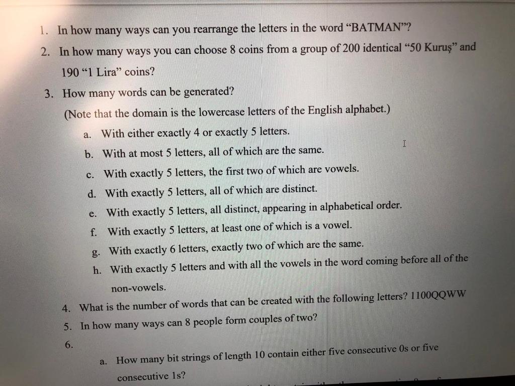 Solved 1. In how many ways can you rearrange the letters in | Chegg.com