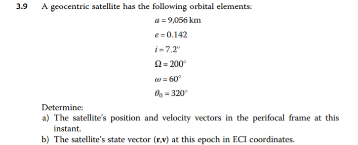 Solved 3.9 A geocentric satellite has the following orbital | Chegg.com