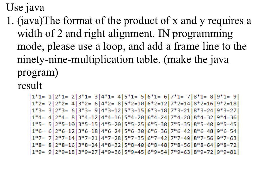 Solved Use java 1. (java)The format of the product of x and | Chegg.com
