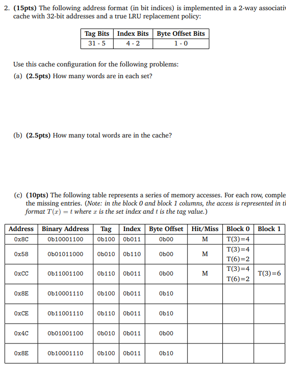 Solved 2. (15pts) The following address format (in bit | Chegg.com