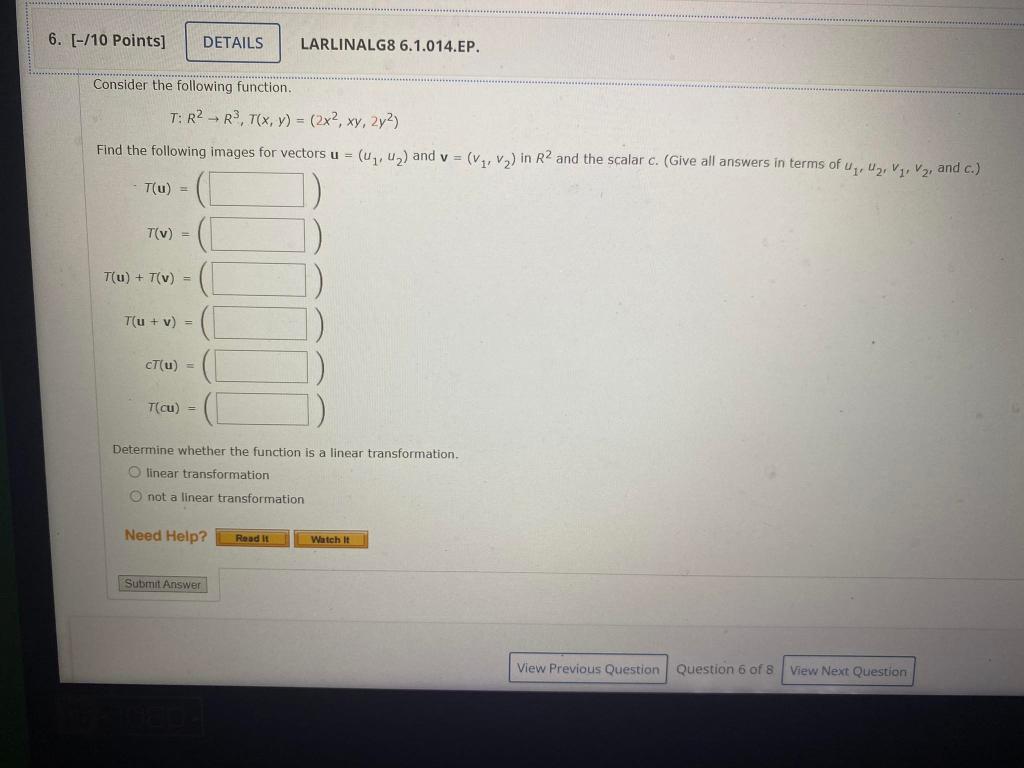 Solved 6. [-/10 Points] DETAILS LARLINALG8 6.1.014.EP. | Chegg.com