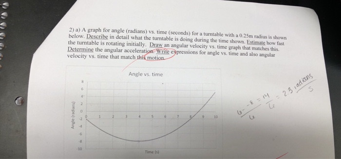 Solved 2) a) A graph for angle (radians) vs. time (seconds) | Chegg.com