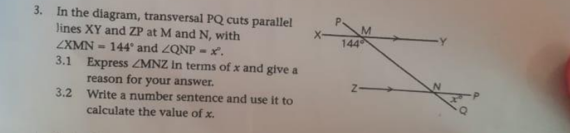 Solved 3. In the diagram, transversal PQ cuts parallel lines | Chegg.com