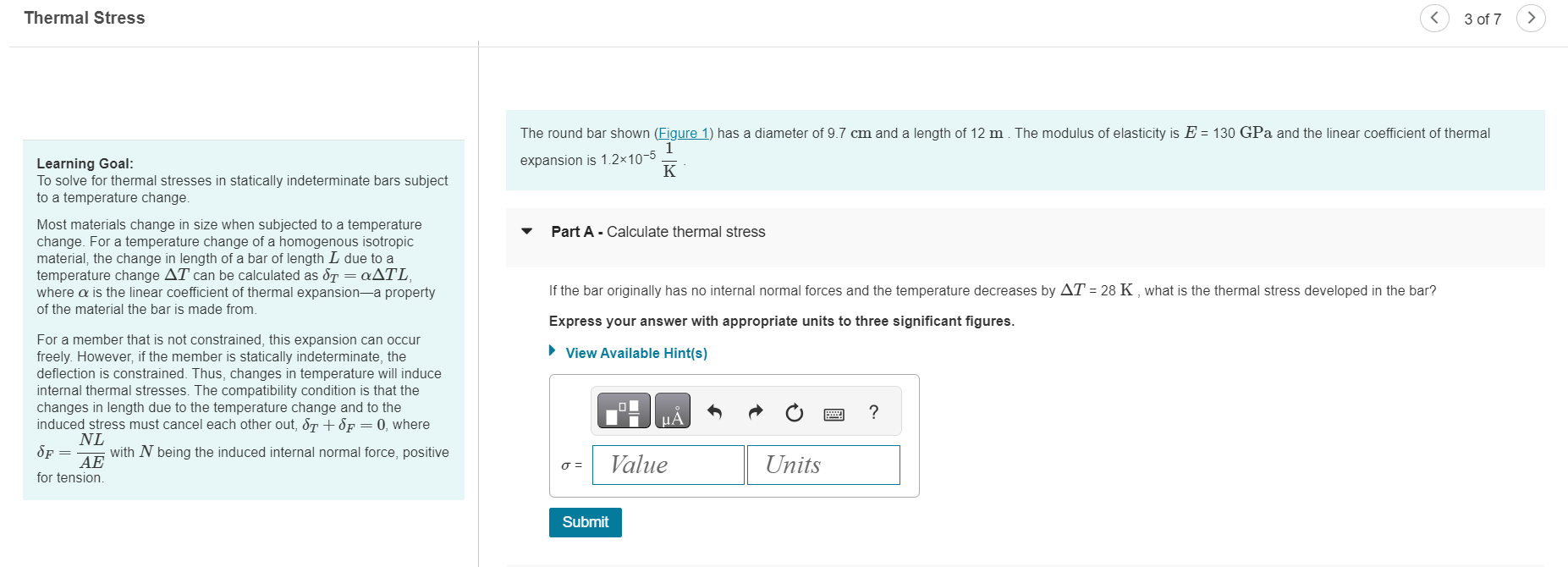 Solved Thermal Stress 3 of 7 Learning Goal: To solve for | Chegg.com