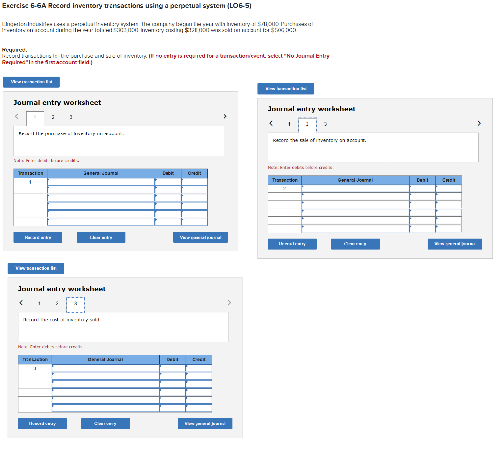 Solved Exercise 6-6A Record inventory transactions using a | Chegg.com