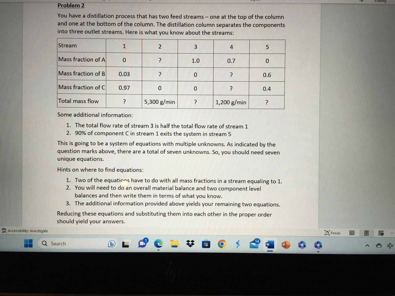 You have a distillation process that has two feed | Chegg.com