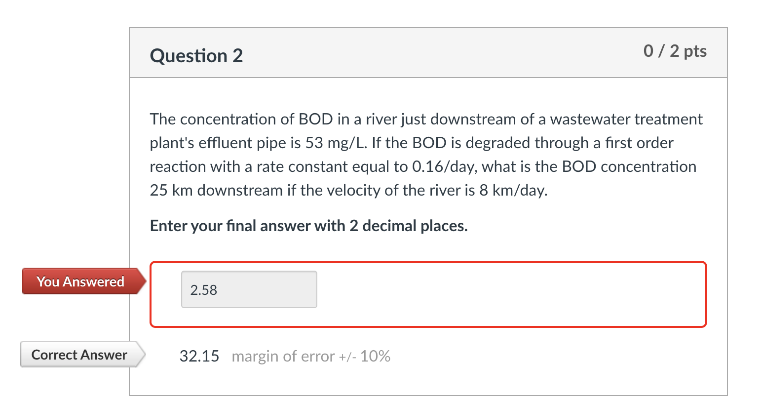 Solved The concentration of BOD in a river just downstream | Chegg.com
