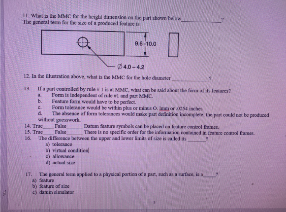 Solved 11. What is the MMC for the height dimension on the | Chegg.com