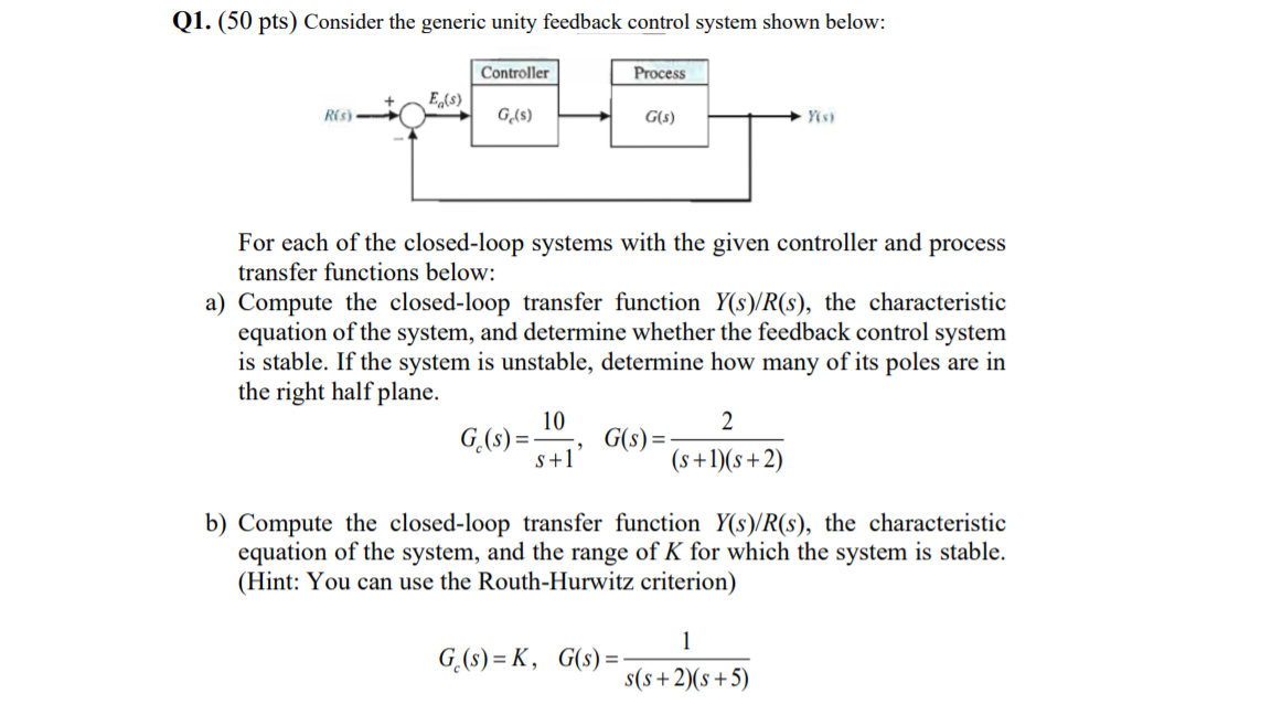 Solved Q1. (50 pts) Consider the generic unity feedback | Chegg.com