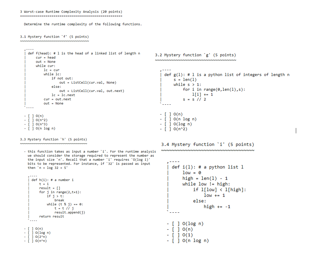 Solved 3 Worst-case Runtime Complexity Analysis (20 points) | Chegg.com