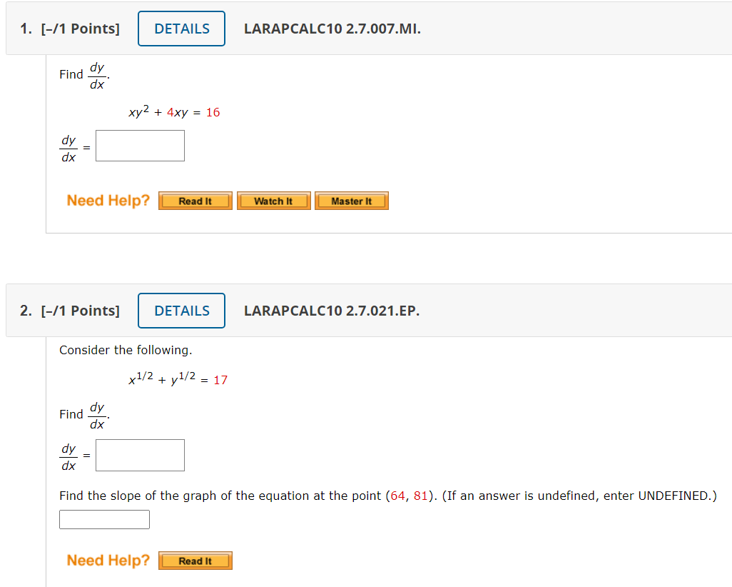 Solved 1. [-/1 Points] DETAILS LARAPCALC10 2.7.007.MI. Find | Chegg.com