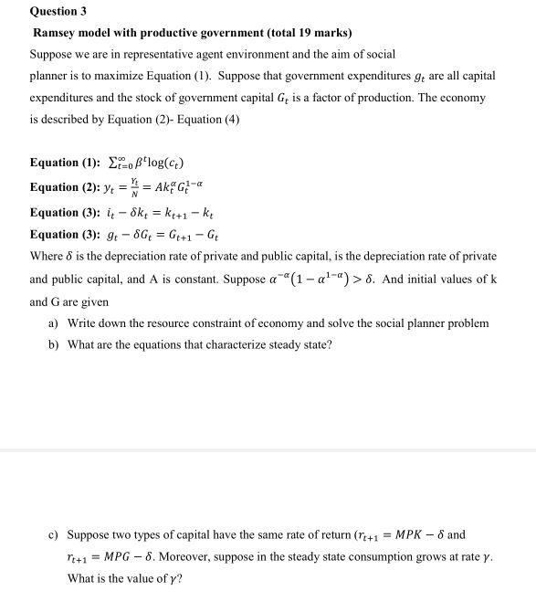 Question 3 Ramsey model with productive government | Chegg.com