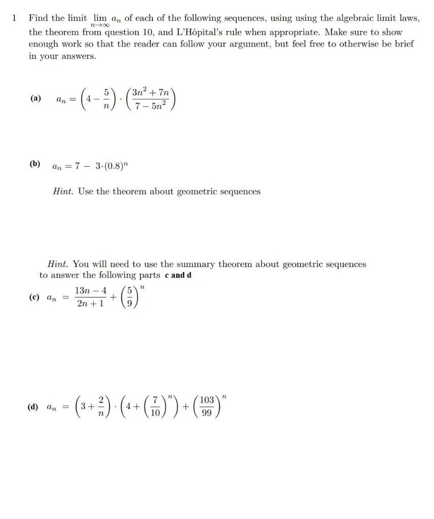 Solved 1 7200 Find the limit lim an of each of the following | Chegg.com