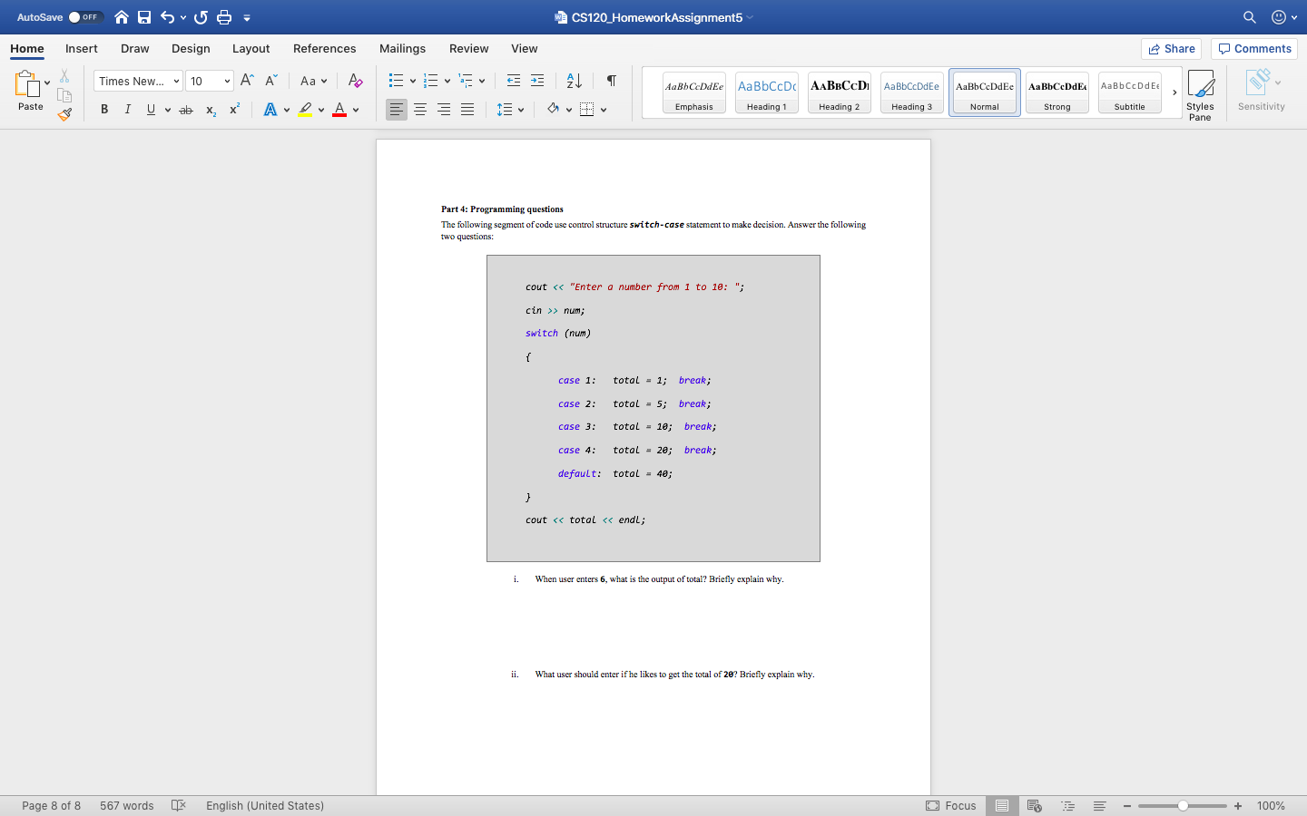 Solved AutoSave OFF A sro - W CS120_HomeworkAssignments Home | Chegg.com