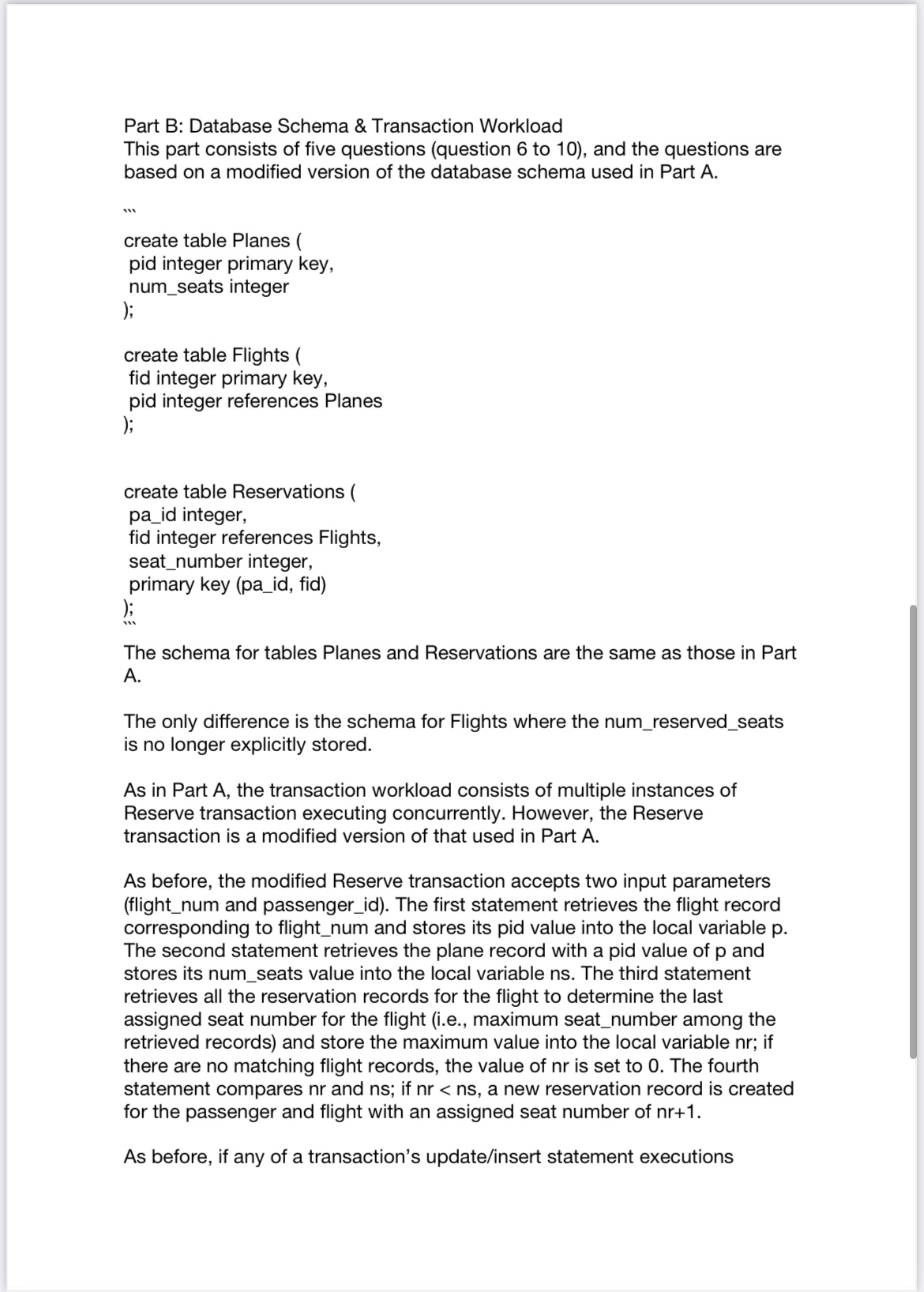 Solved Part B: Database Schema \& Transaction Workload This | Chegg.com