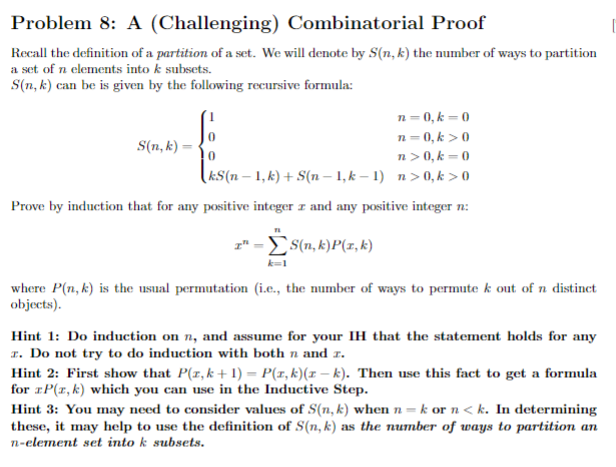 Solved Problem 8: A (Challenging) Combinatorial Proof Recall | Chegg.com