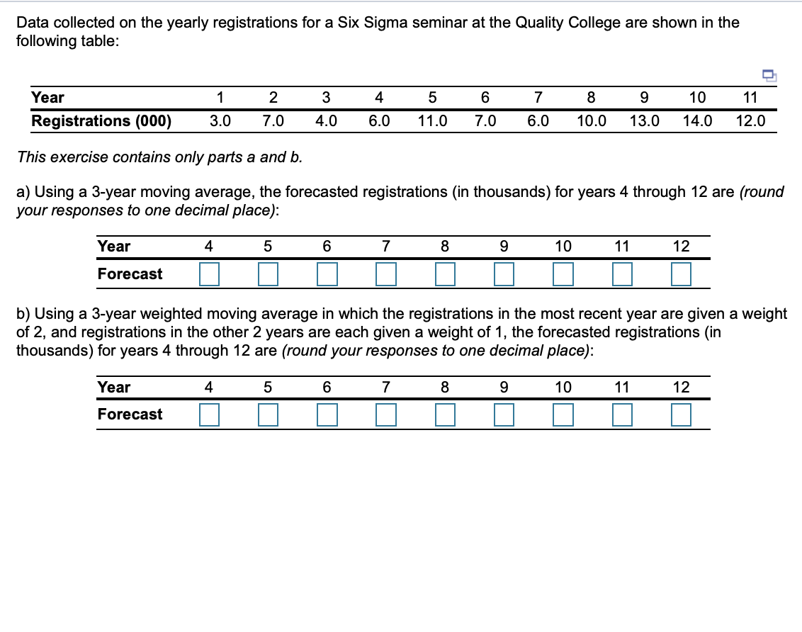 Solved Data collected on the yearly registrations for a Six | Chegg.com