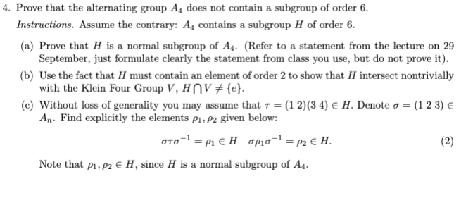 Prove that the alternating group A4 does not contain | Chegg.com