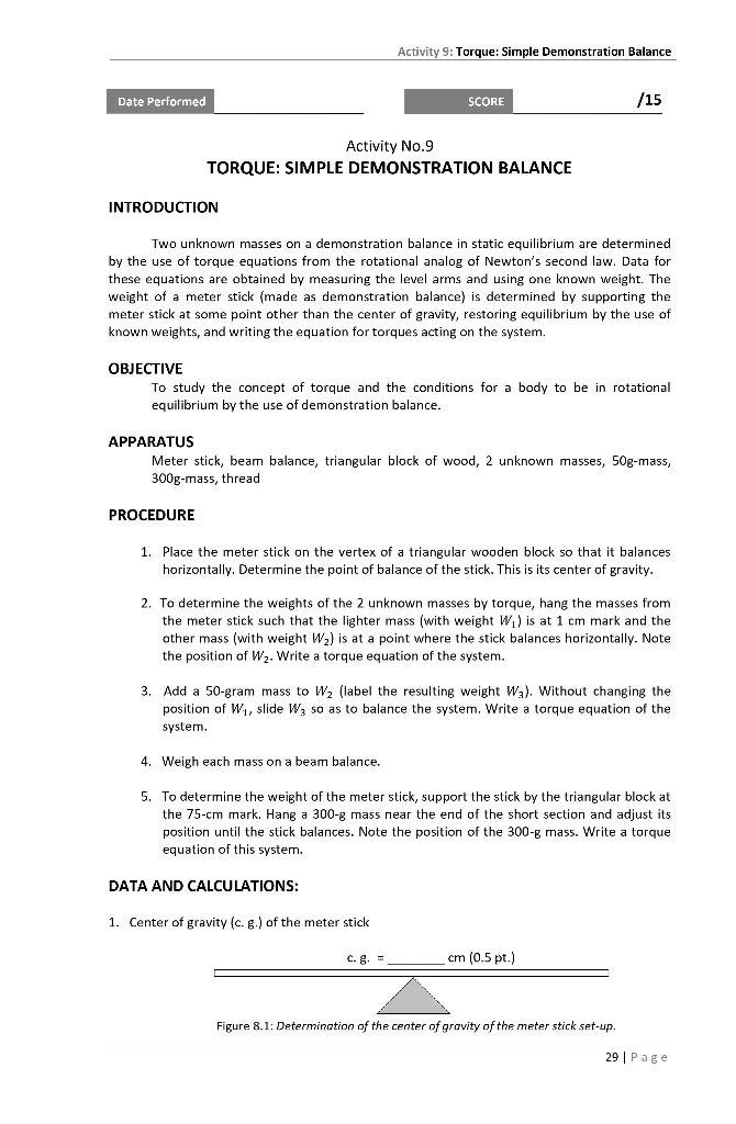 Activity 9: Torque: Simple Demonstration Balance Date | Chegg.com