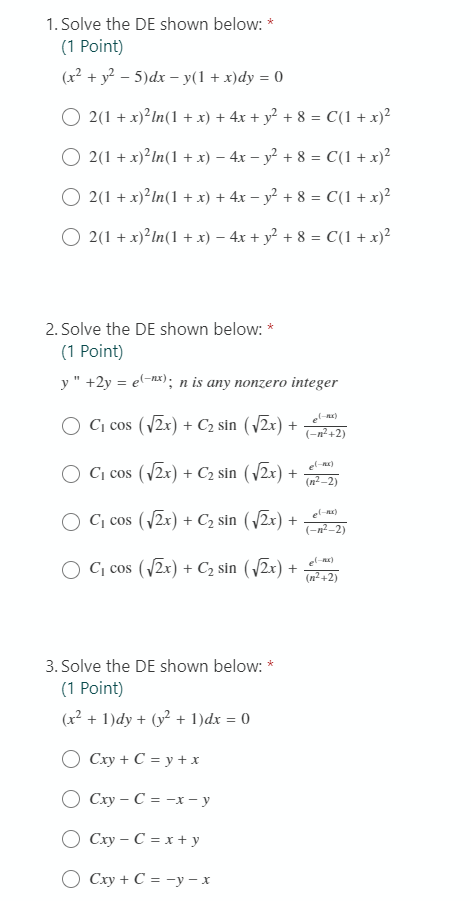Solved 1. Solve the DE shown below:* (1 Point) (x2 + y2 – | Chegg.com