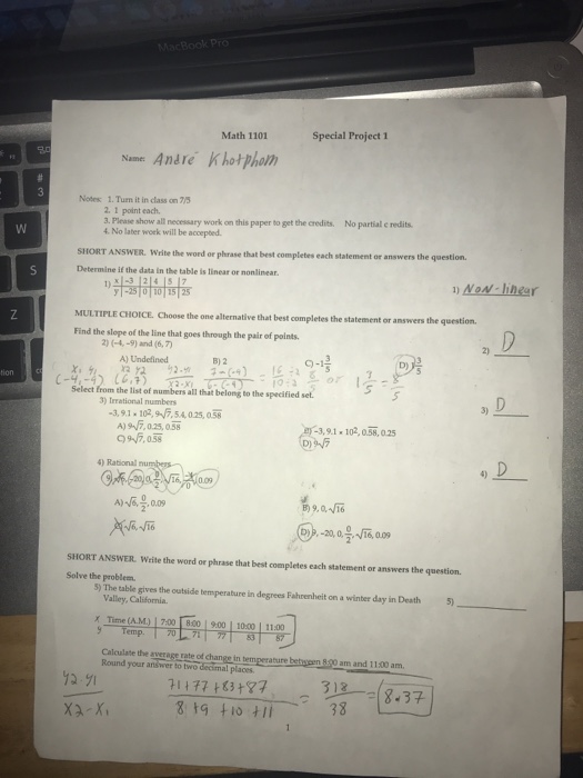 Solved Math 1101 Special Project 1 me Andre Khotphon Notes | Chegg.com