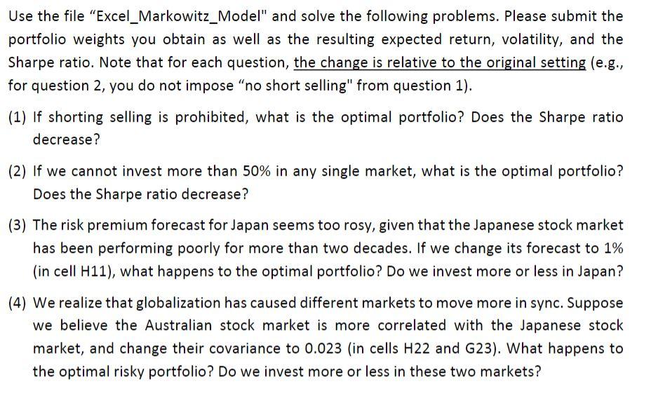 Use the file "Excel_Markowitz_Model" and solve the | Chegg.com