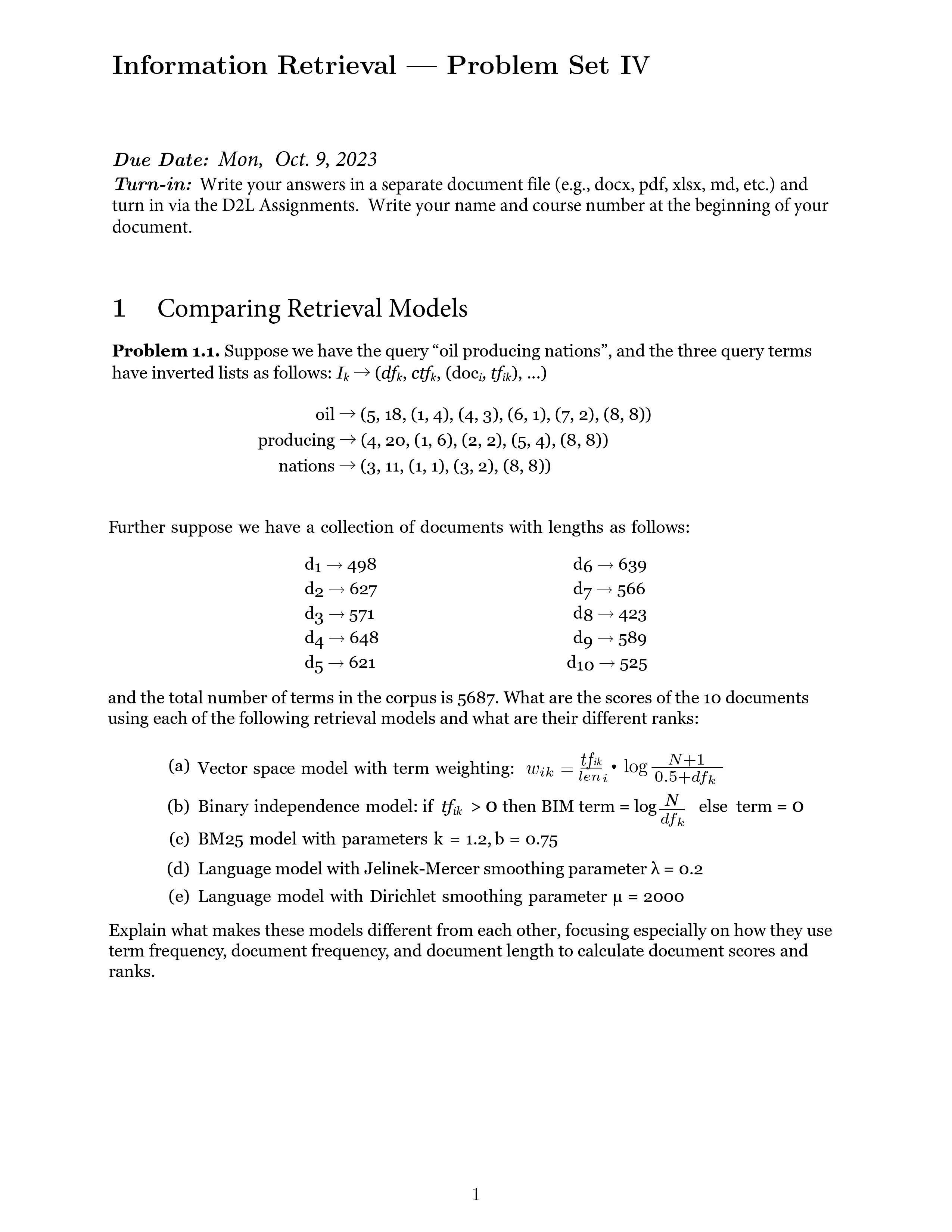 Solved Information Retrieval - Problem Set IV Due Date: Mon, | Chegg.com