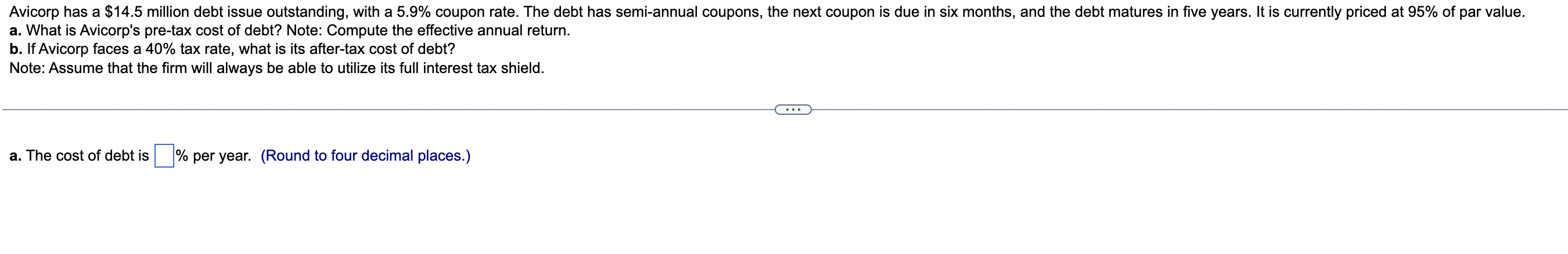 Solved a. What is Avicorp's pre-tax cost of debt? Note: | Chegg.com