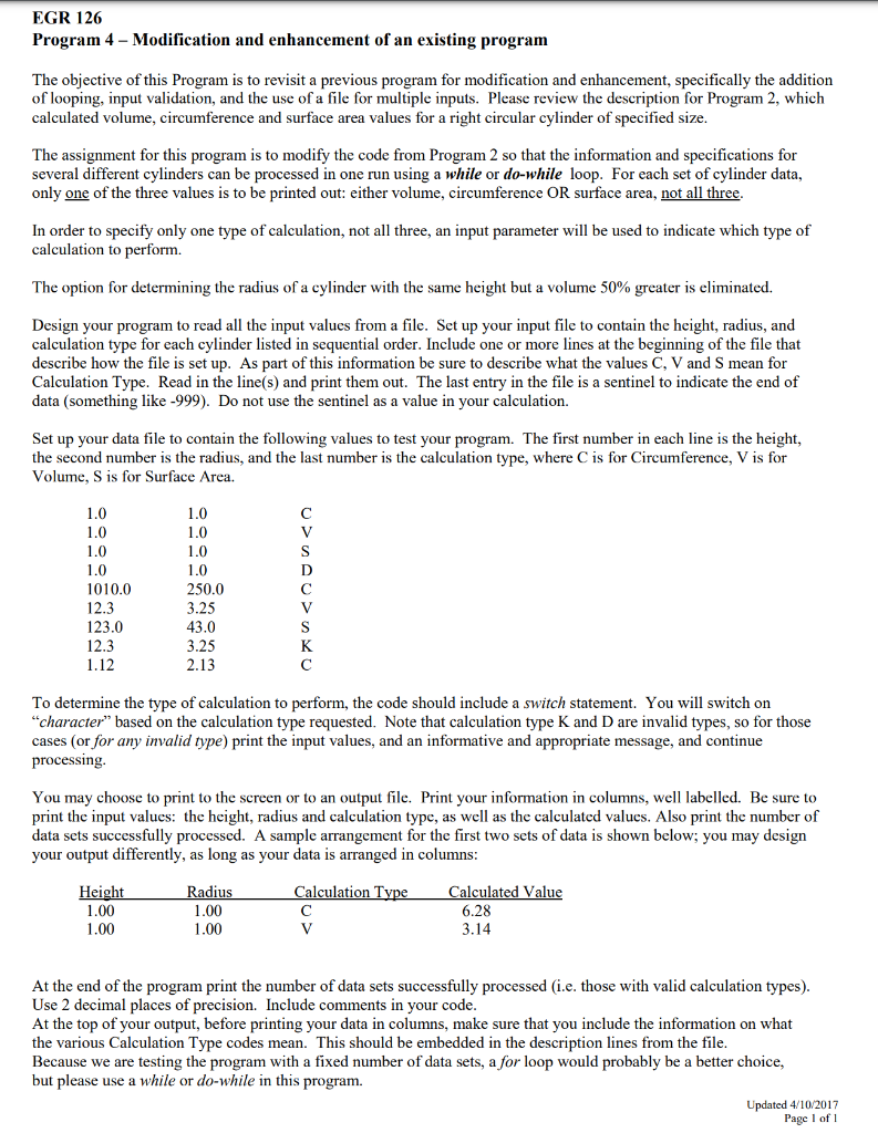 Solved EGR 126 Program 4 - Modification and enhancement of | Chegg.com