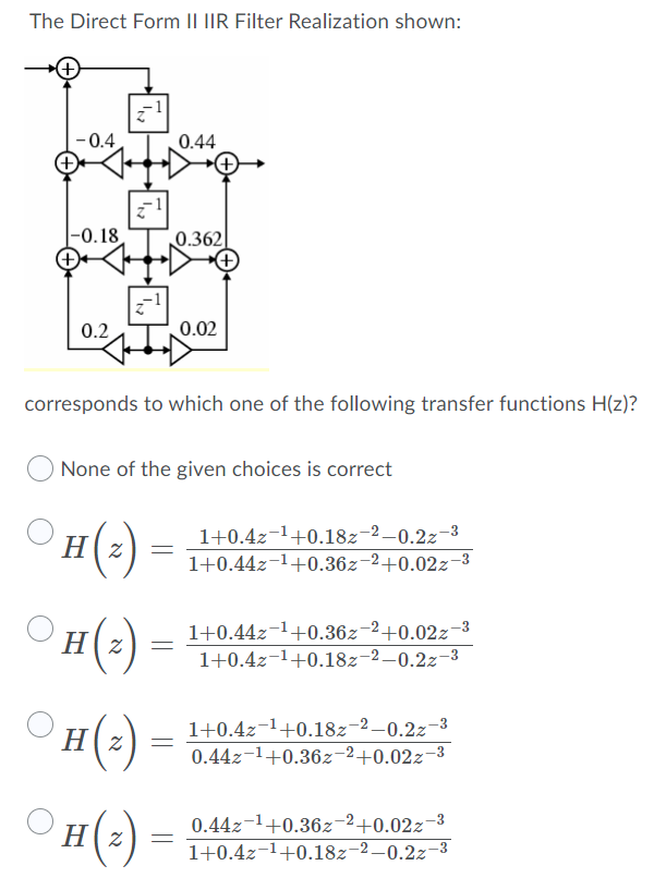 Solved The Direct Form II HR Filter Realization shown: -0.4 | Chegg.com