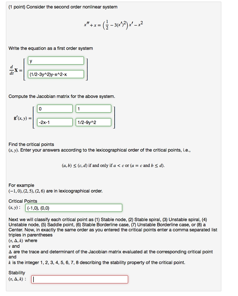Solved 1 Point Consider The Second Order Nonlinear System