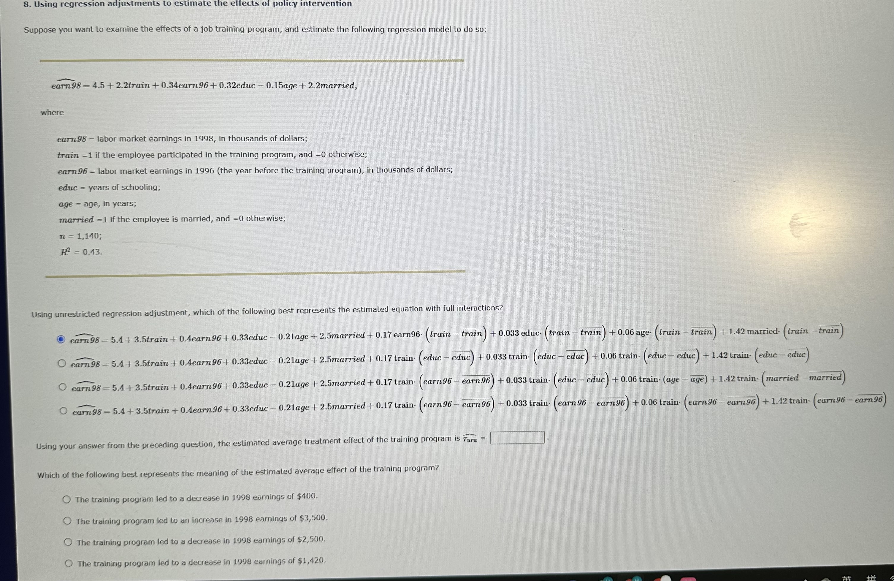 Solved Using regression adjustments to ﻿estimate the effects | Chegg.com