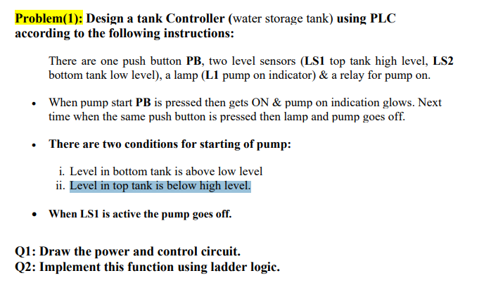 Solved Problem(1): Design a tank Controller (water storage | Chegg.com