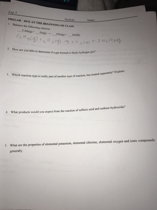 Solved Exp 5 PRELAB-DUE AT THE BEGINNING OF CLASS 1. Balance | Chegg.com