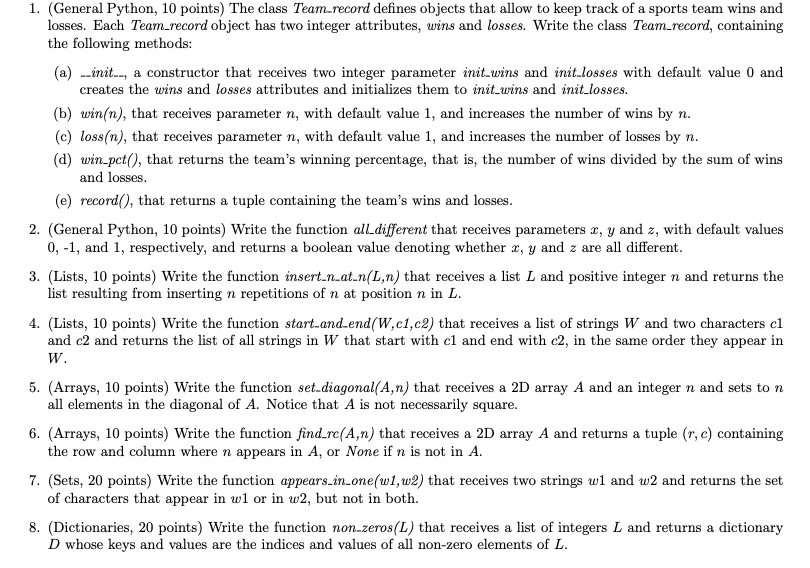 Solved 1. (General Python, 10 points) The class Team_record | Chegg.com