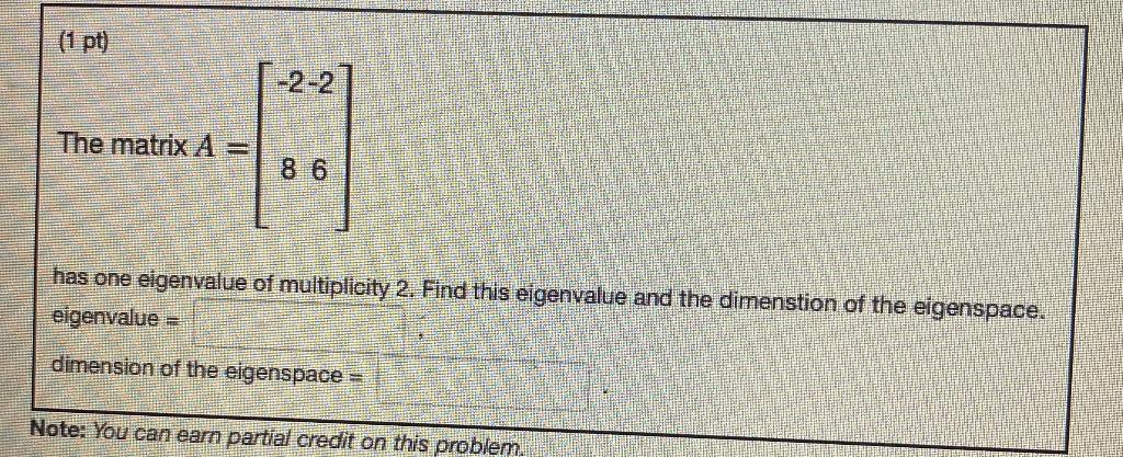 Solved (1 pt) -2-2) The matrix A = 8 6 has one eigenvalue of | Chegg.com