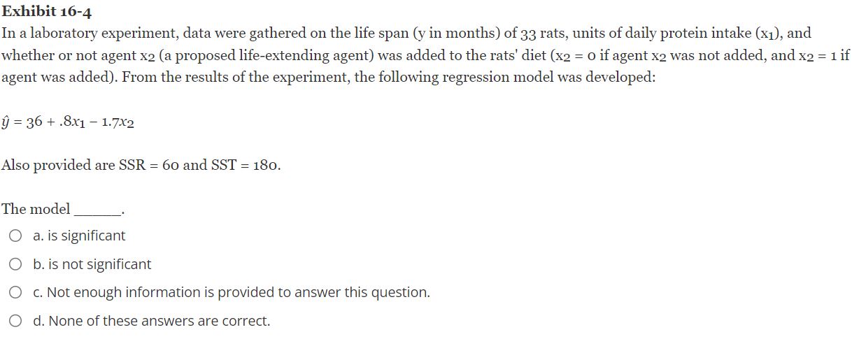 Solved Exhibit 16-4 In a laboratory experiment, data were | Chegg.com