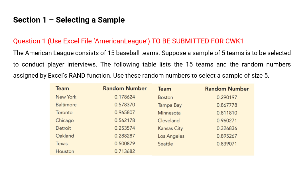 Solved Section 1 - ﻿Selecting a SampleQuestion 1 (Use Excel | Chegg.com
