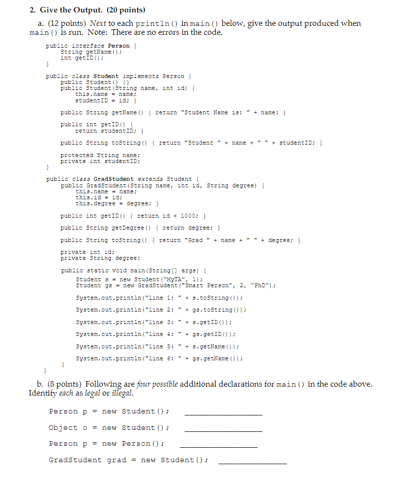 Solved a. (12 points) Next to each println() in main () | Chegg.com