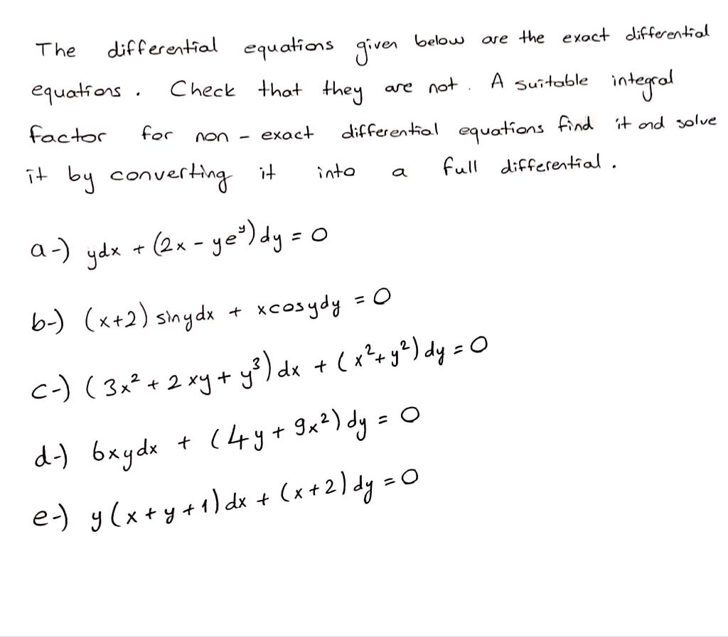 Solved The differential equations given below are the exact | Chegg.com