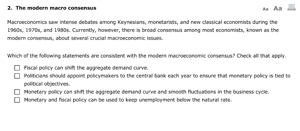 Solved 2. The modern macro consensus Aa Aa Macroeconomics | Chegg.com