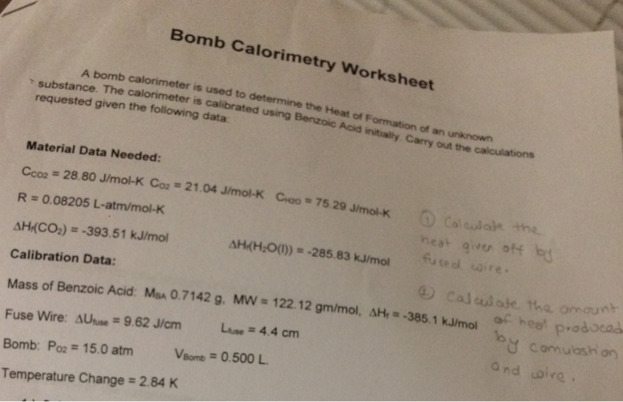 Solved Bomb Calorimetry Worksheet A bomb calorimeter is used | Chegg.com